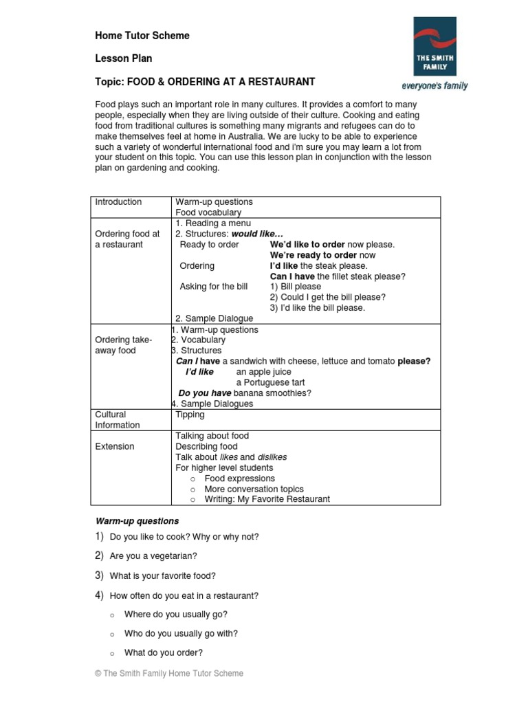 Lesson Plan Food and Ordering at A Restaurant | PDF | Cooking, Food ...