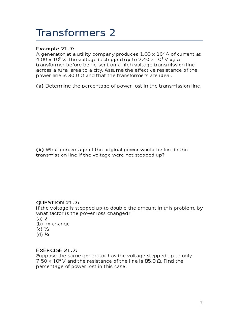 Transformer Worksheet 2 | PDF | Electric Power Transmission | Root Mean ...