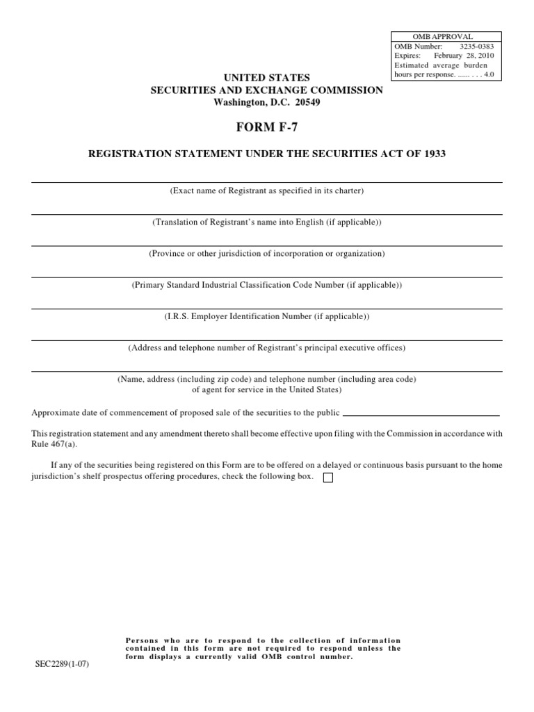 Securities and Exchange Commission (SEC) - Formf-7 | Download Free PDF ...