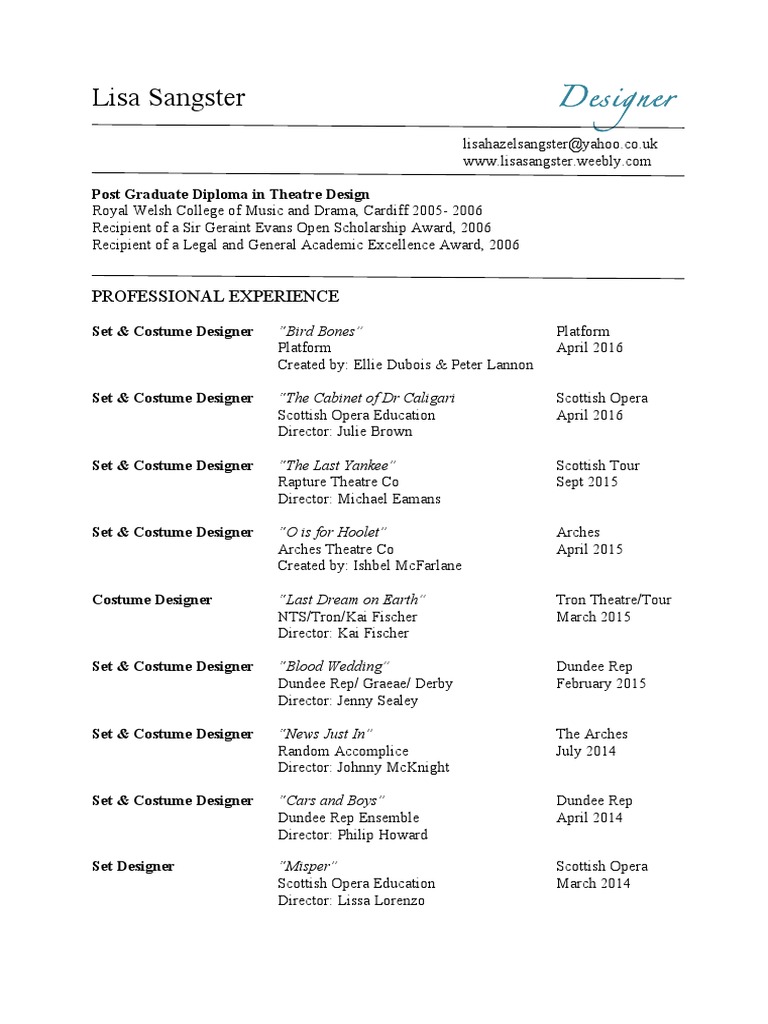 Lisa Sangster Web CV | PDF | Entertainment (General)