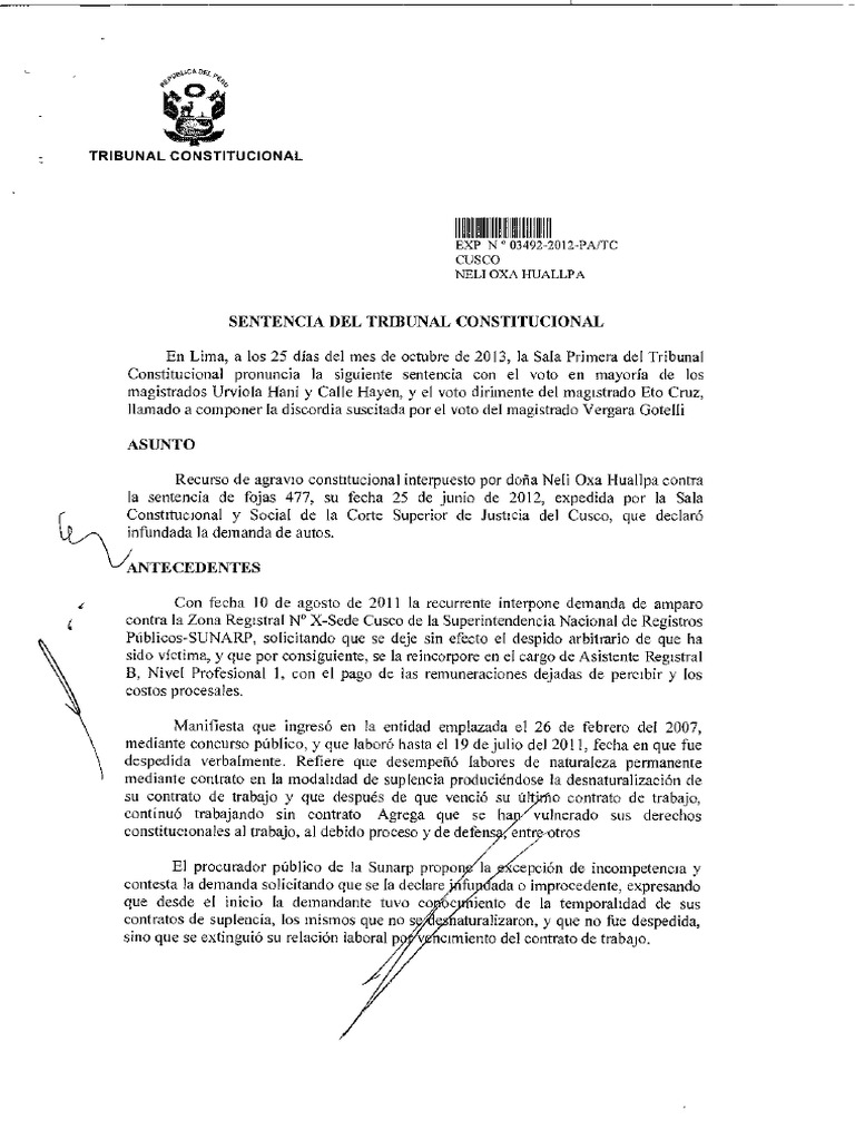 Contrato de Trabajo 03492-2012-AA Desnaturalizacion de Relacion Laboral Causa Objetiva Contrato ...