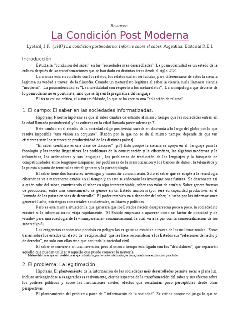 Resumen La Condición Posmoderna (Lyotard) | PDF | Antropología | Science