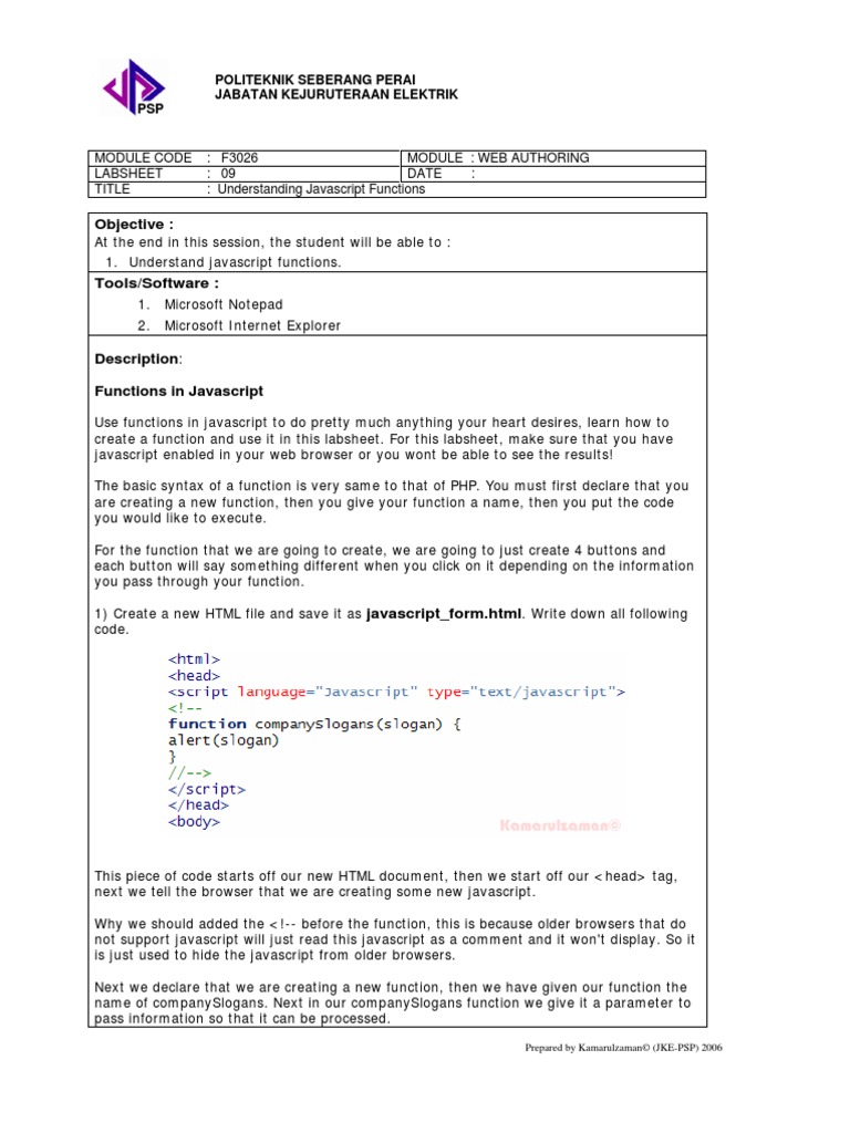 Labsheet 09 - Understanding Javascript Functions | PDF | Java Script | Html Labsheet 09 - Understanding Javascript Functions | PDF | Java Script | Html