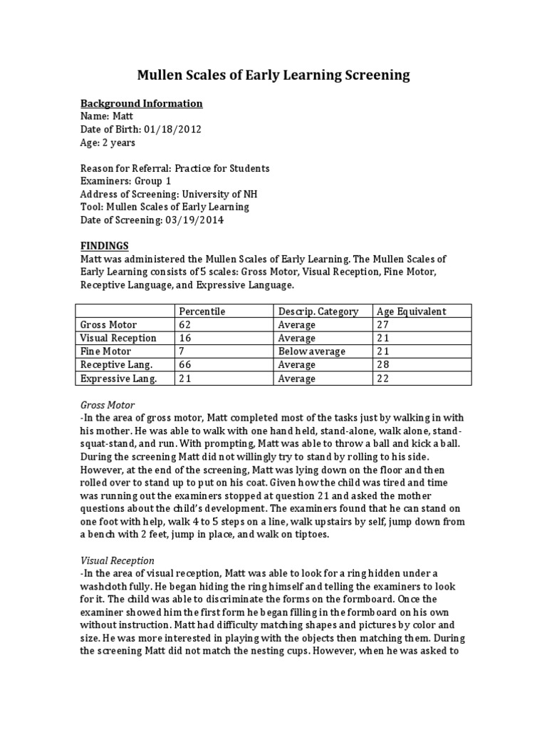 Early Learning Screening Report | PDF | Neuropsychological Assessment ...
