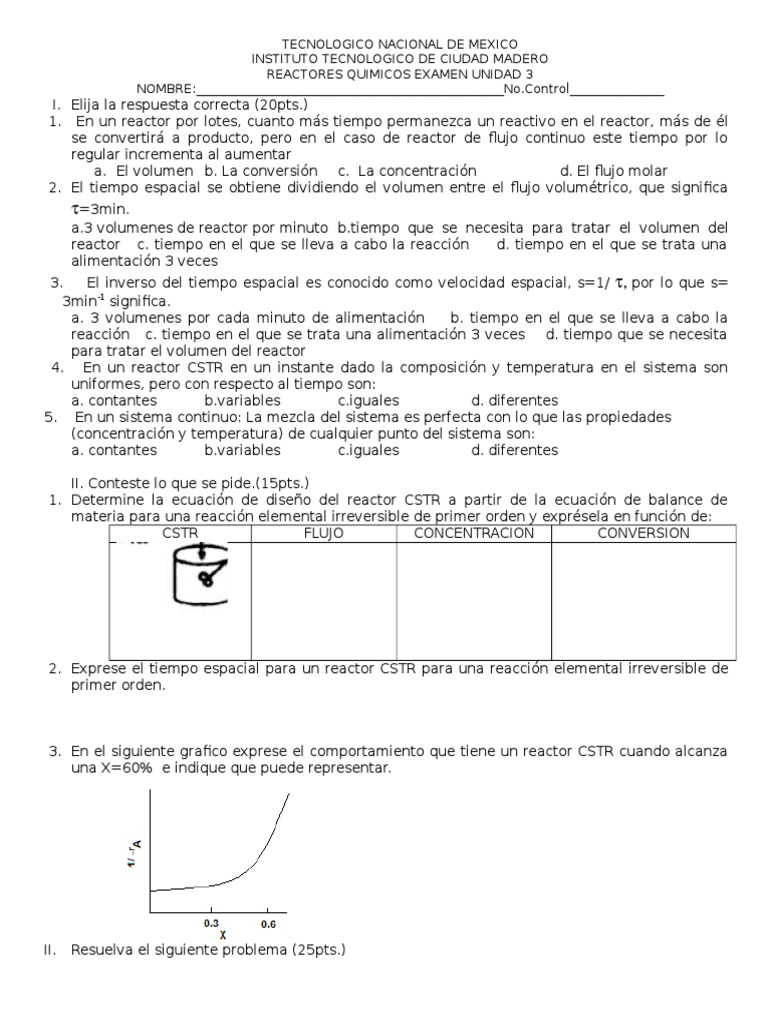 Examen de Reactores CSTR | PDF | Reactor Quimico | Reacciones químicas