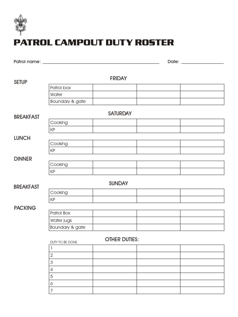 Patrol Campout Duty Roster: Friday Setup | PDF | Eating Behaviors Of ...