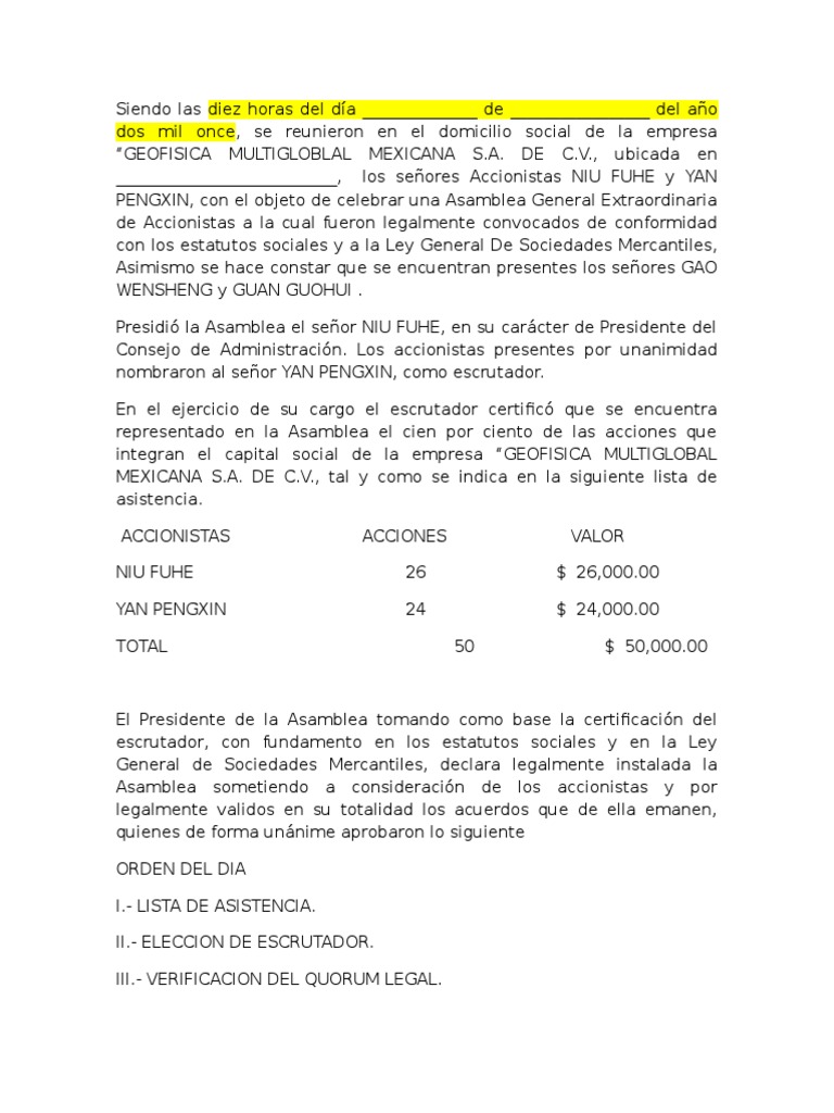 Acta de Asamblea Designando Apoderados y Venta de Acciones | PDF | Compartir (Finanzas ...