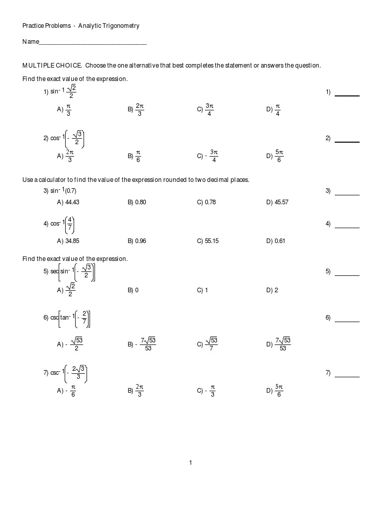 Analytic Trig Worksheet | Trigonometric Functions | Sine
