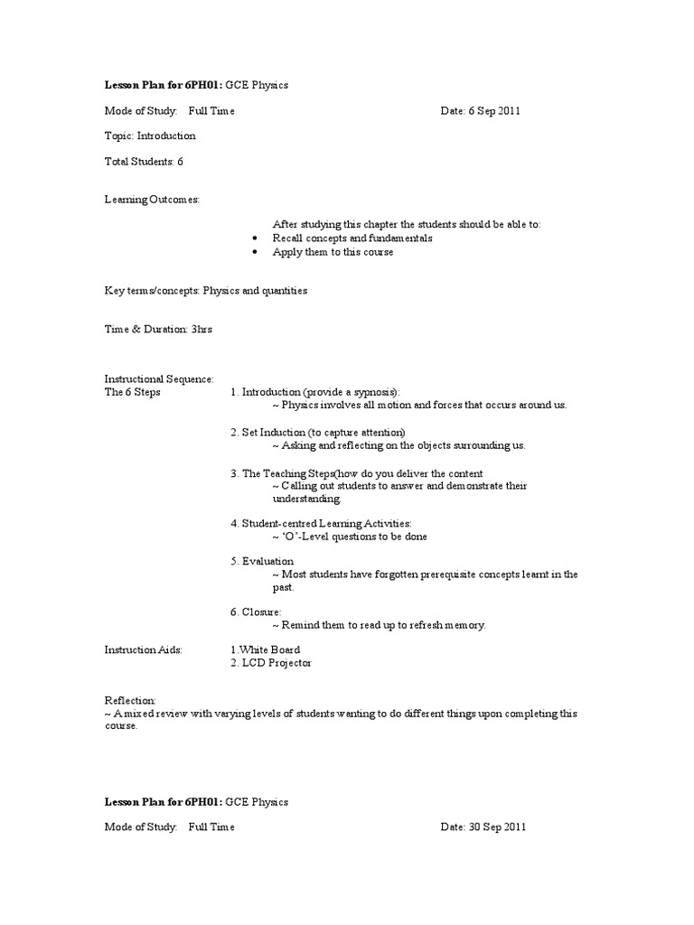 Lesson Plan For 6PH01 & 02 | PDF | Lesson Plan | Memory