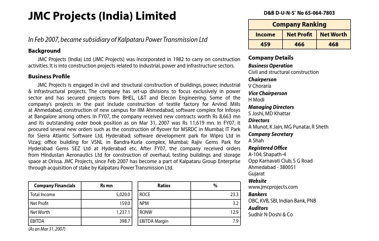 Profile-JMC Projects (India) Limited | Download Free PDF | Economy Of ...