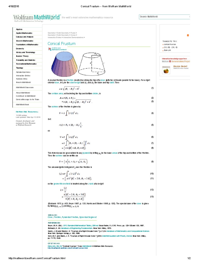 Conical Frustum -- From Wolfram MathWorld | Geometry | Physics ...