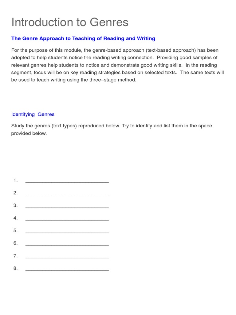 Introduction To Genres | PDF | Reading Comprehension | Reading (Process)