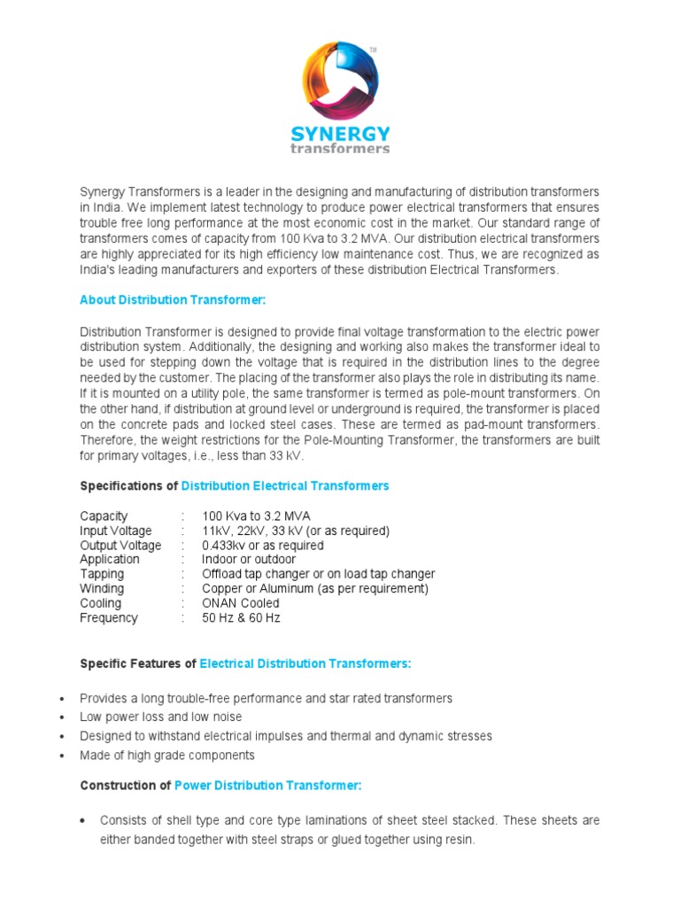 Synergy Transformer | PDF | Electric Power Distribution | Transformer