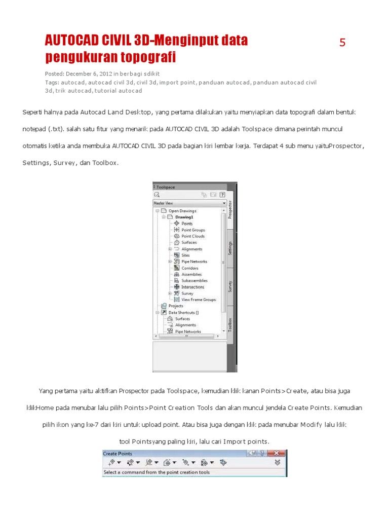 AUTOCAD CIVIL 3D-Menginput Data Pengukuran Topografi | PDF | Komputer