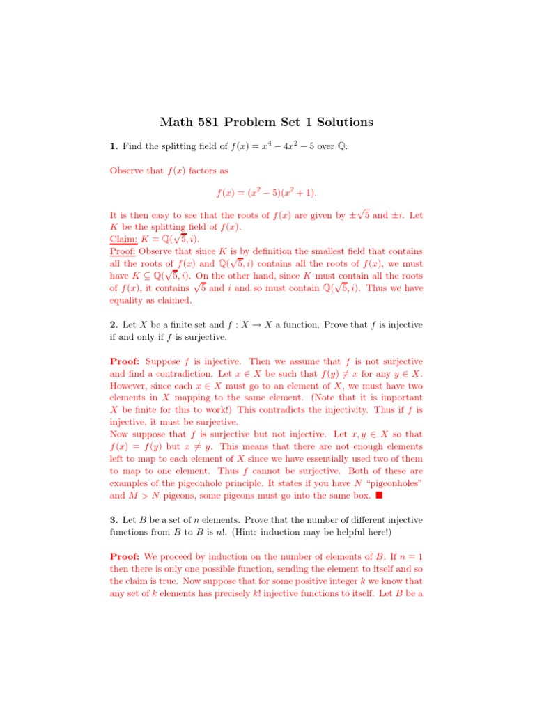 Math 581 Problem Set 1 Solutions Splitting Field & Injective Functions | PDF | Ring (Mathematics ...