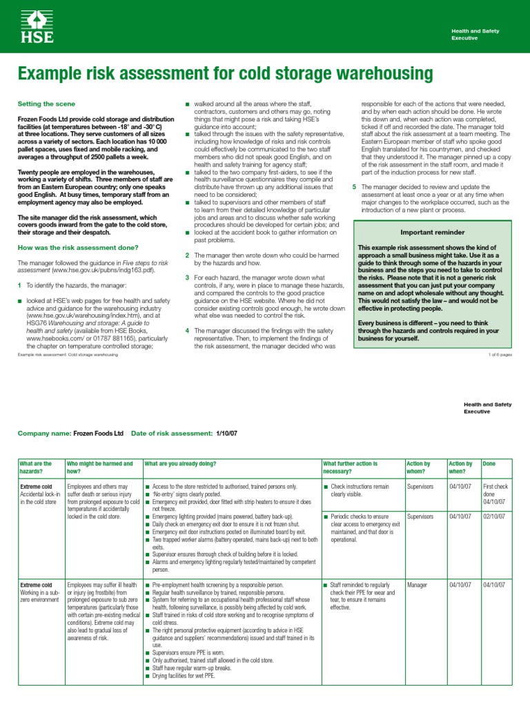 Cold Storage Warehouse Risk Assessment | PDF | Warehouse | Personal ...