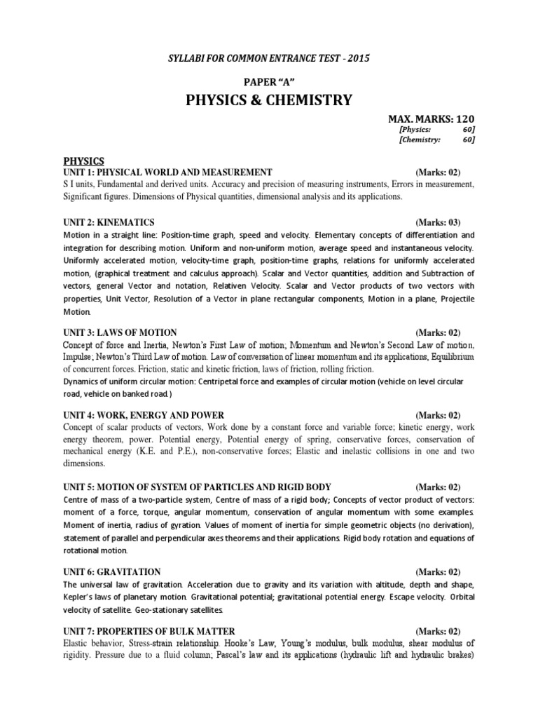 Physics & Chemistry: Paper "A" MAX. MARKS: 120 | Download Free PDF ...