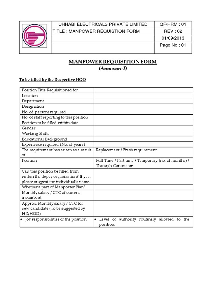 Manpower Requisition Form: (Annexure I) | PDF | Business | Finance ...