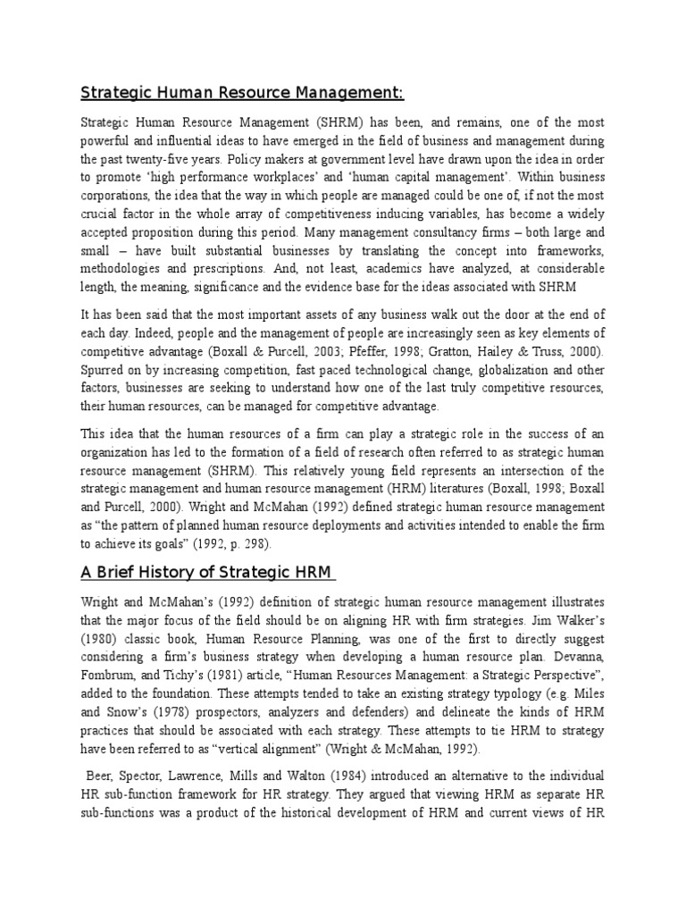 History of Strategic Human Resource Management | PDF | Human Resource ...