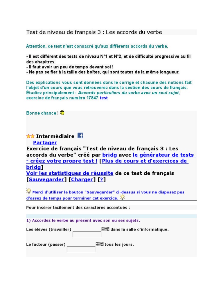 Test de français : Accords du verbe | PDF | Langue française | Verbe