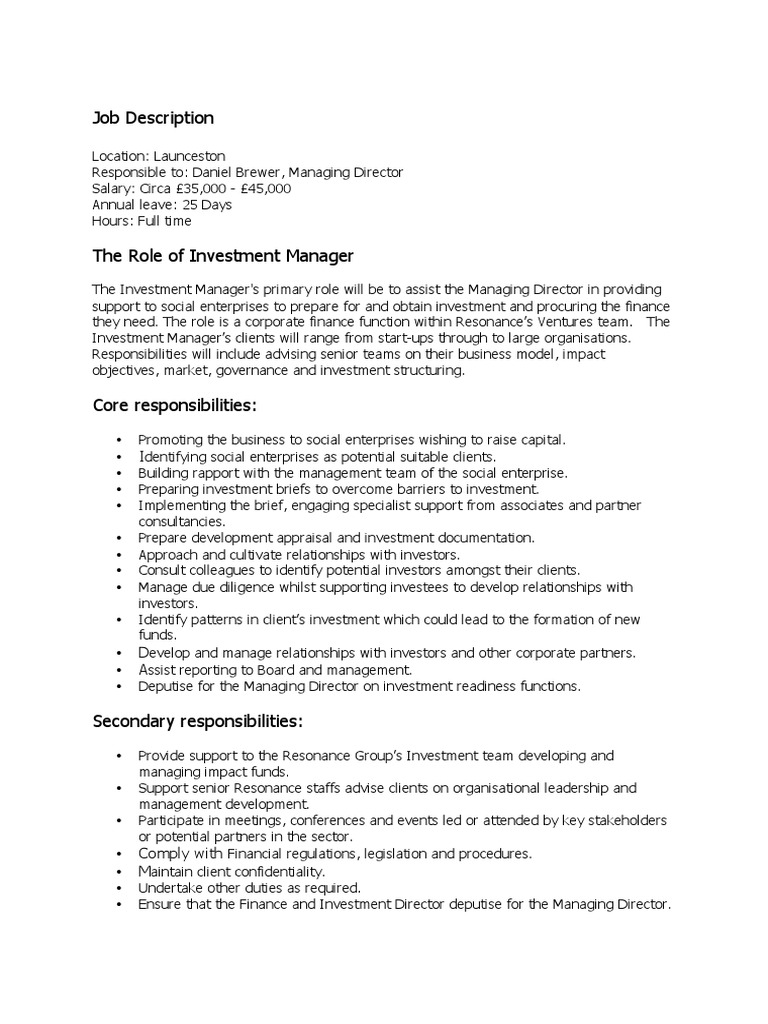 Investment Manager Role in Launceston | PDF | Venture Capital ...