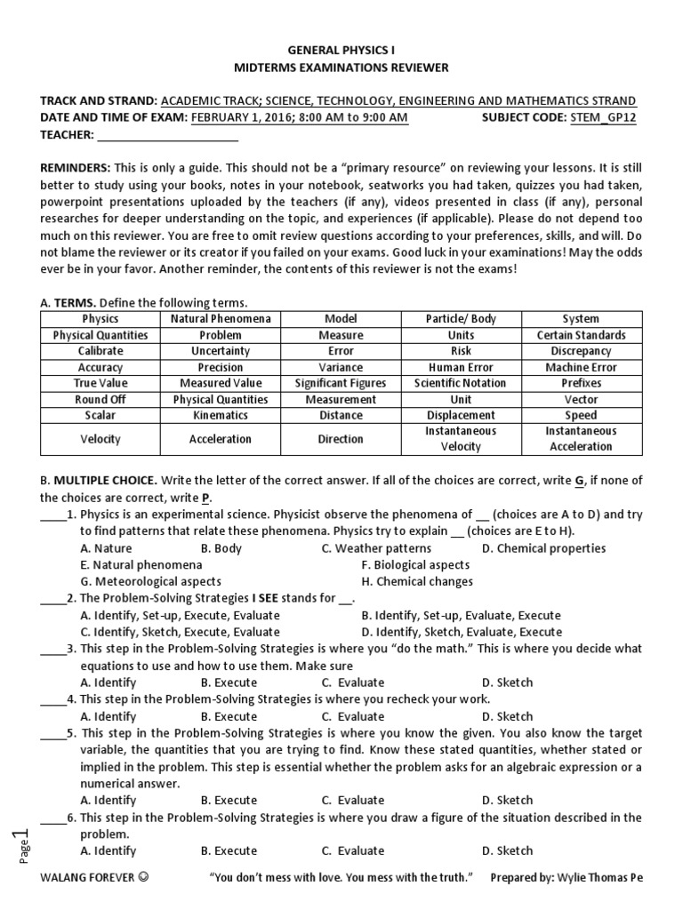 Physics 1 Midterm Examinations Reviewer | PDF | Velocity | Accuracy And Precision