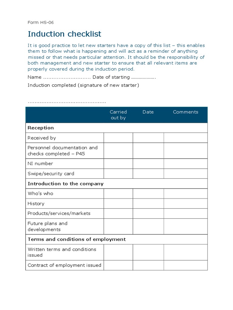 HS06 Induction Checklist