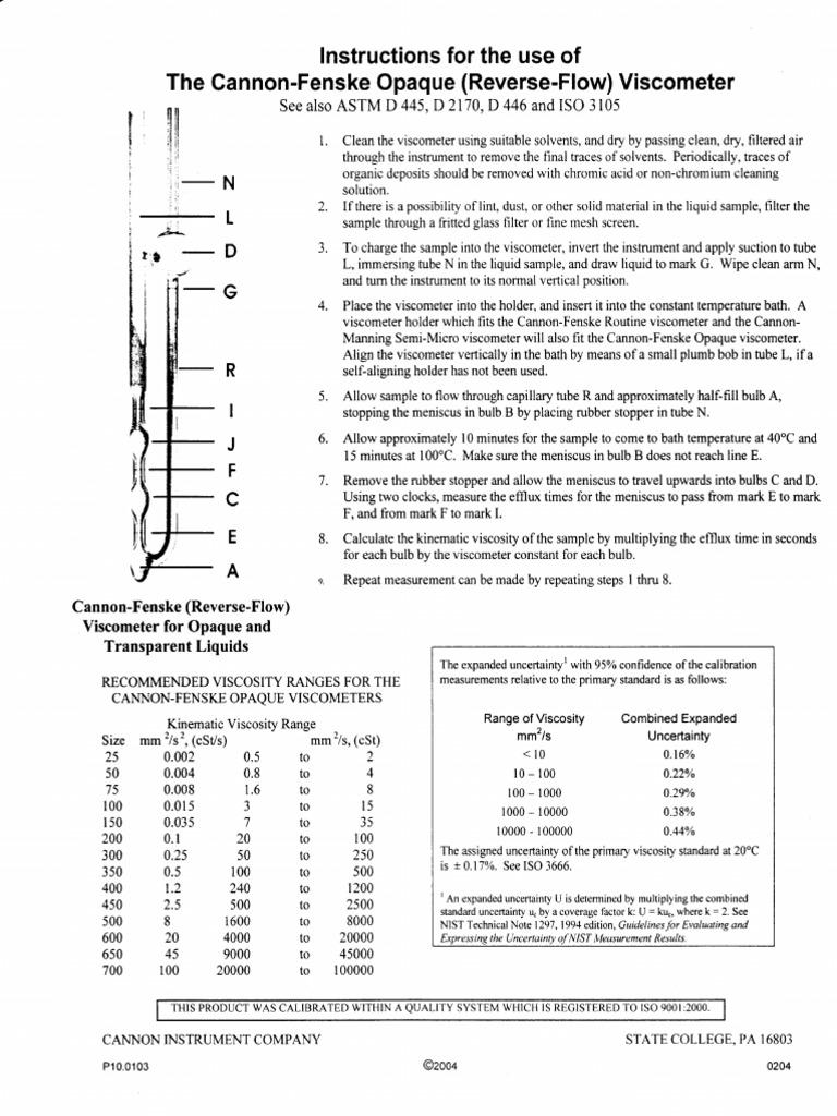 Cannon-Fenske Opaque Viscometer Guide | PDF | Viscosity | Continuum ...