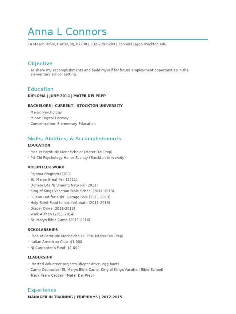 Anna Connors - Future Educator Resume | PDF | Career & Growth | Wellness