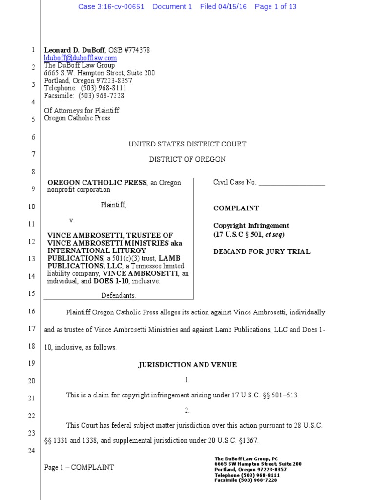 Oregon Catholic Press Complaint | PDF | Copyright Infringement | Damages