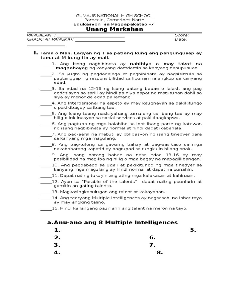 Values Education Grade 7 - FIRST Grading | PDF