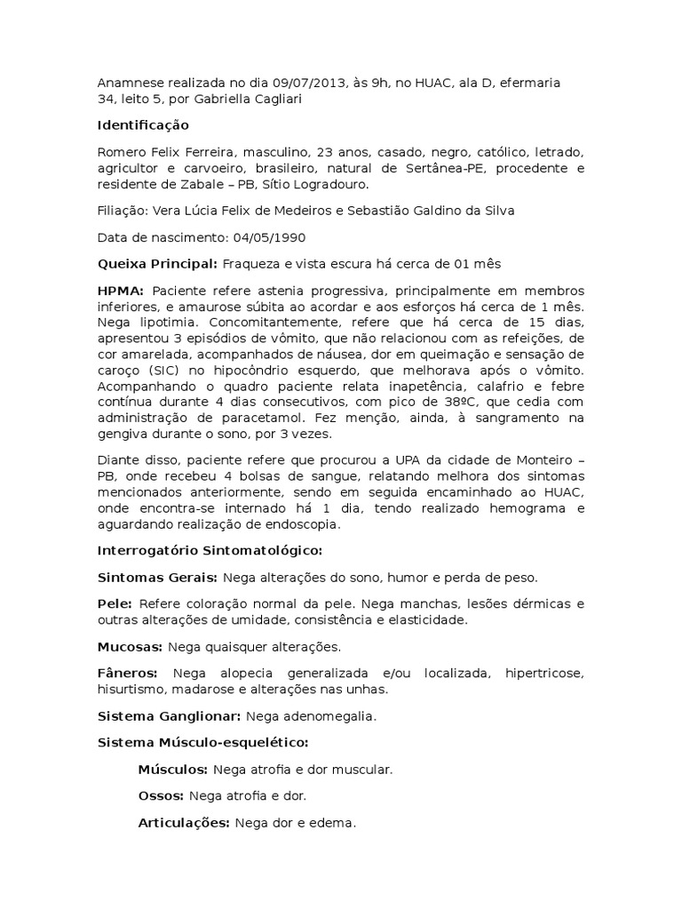 EXEMPLO Anamnese | Especialidades Médicas | Medicina clínica