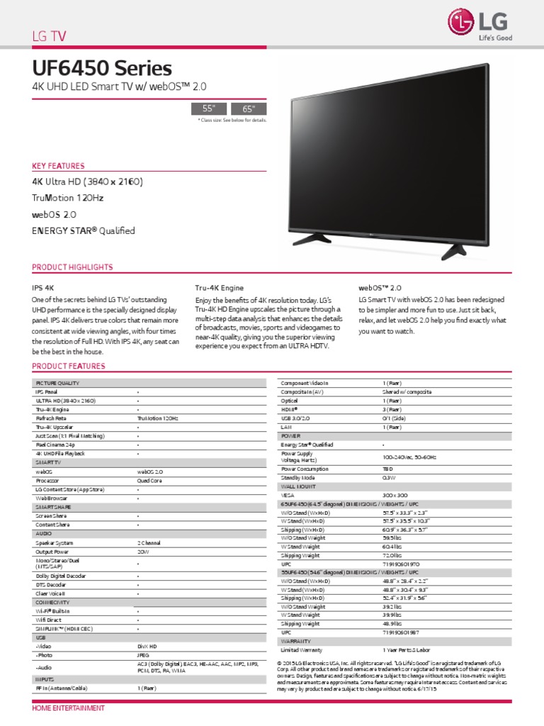 UF6450 Spec Sheet | PDF | High Definition Television | Television