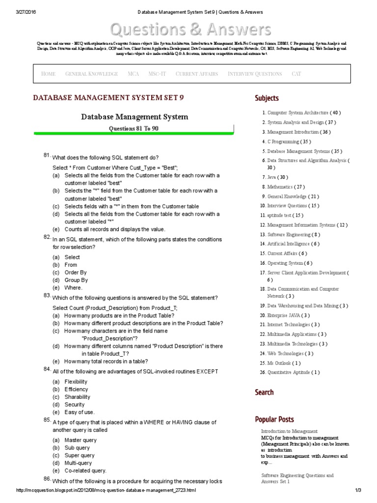 Database Management System Set 9 Questions And Answers 81 90 Pdf Database Index Databases 3554