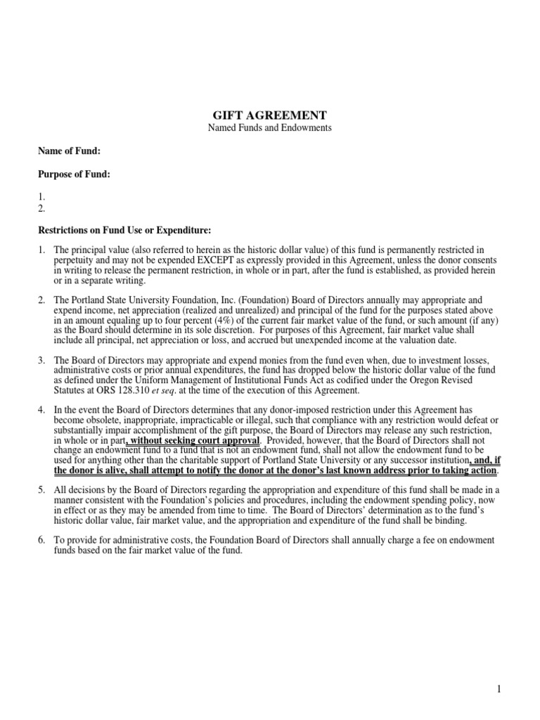 Example Gift Agreement | PDF | Financial Endowment | Board Of Directors