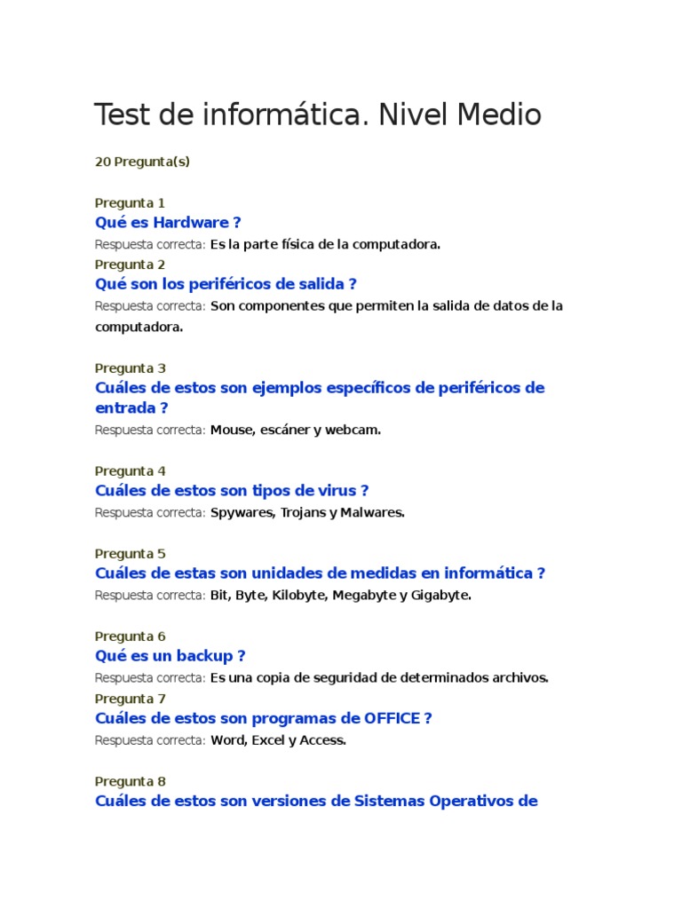 Test de Informática | PDF | Periférico | Memoria del ordenador