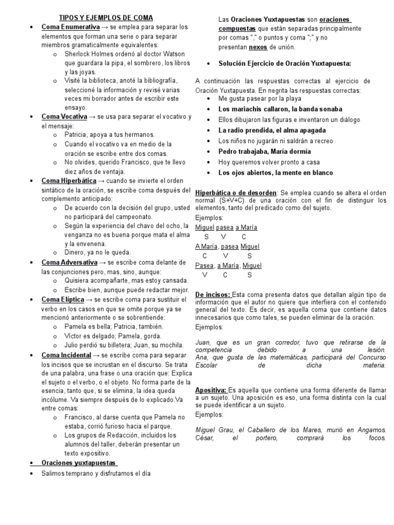 Tipos y Ejemplos de Coma | PDF | Oración (Lingüística) | Mecánica del ...