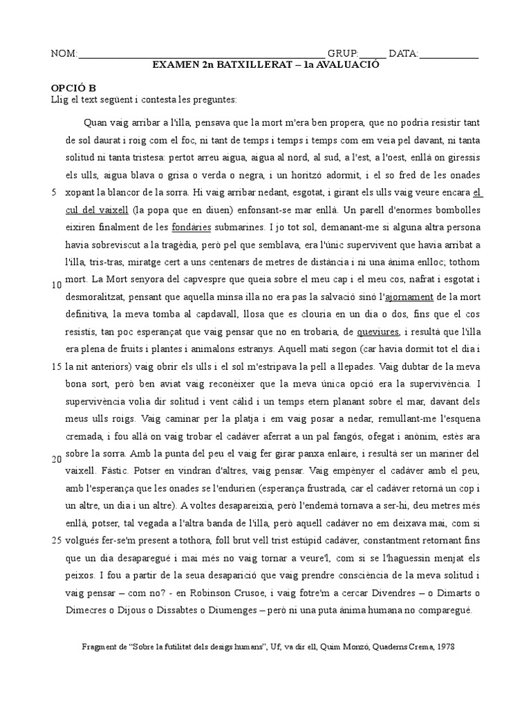 Quim Monzó. Model Examen PAU. | PDF