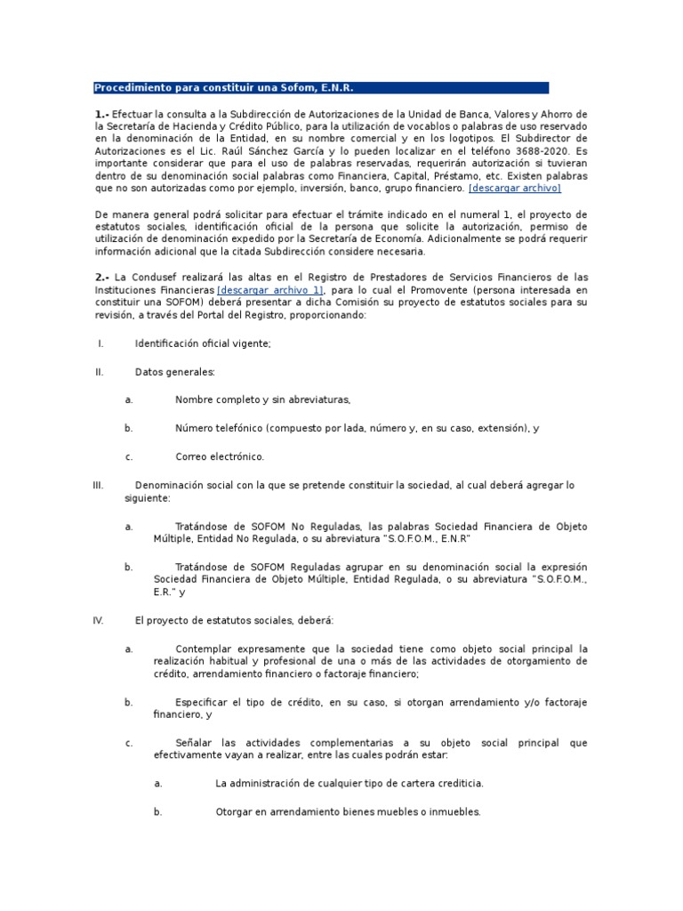 Procedimiento para Constituir Una Sofom | PDF | Sociedad de responsabilidad limitada | Bancos