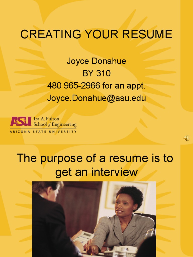 Creating Your Resume: Joyce Donahue BY 310 480 965-2966 For An Appt ...