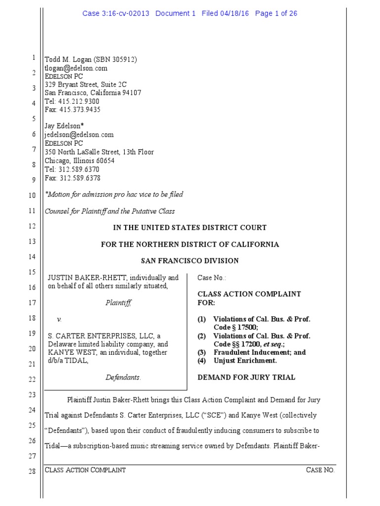 Tidal Class Action Complaint | PDF | Class Action | Lawsuit