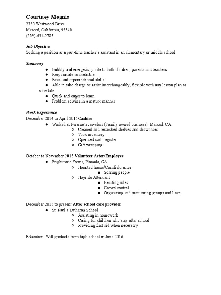 Part-Time Teacher's Assistant Resume | PDF