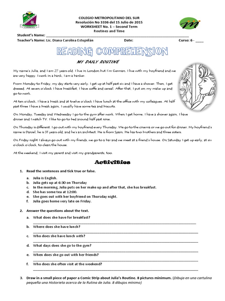 Julia's Daily Routine Worksheet | PDF | Lifestyle
