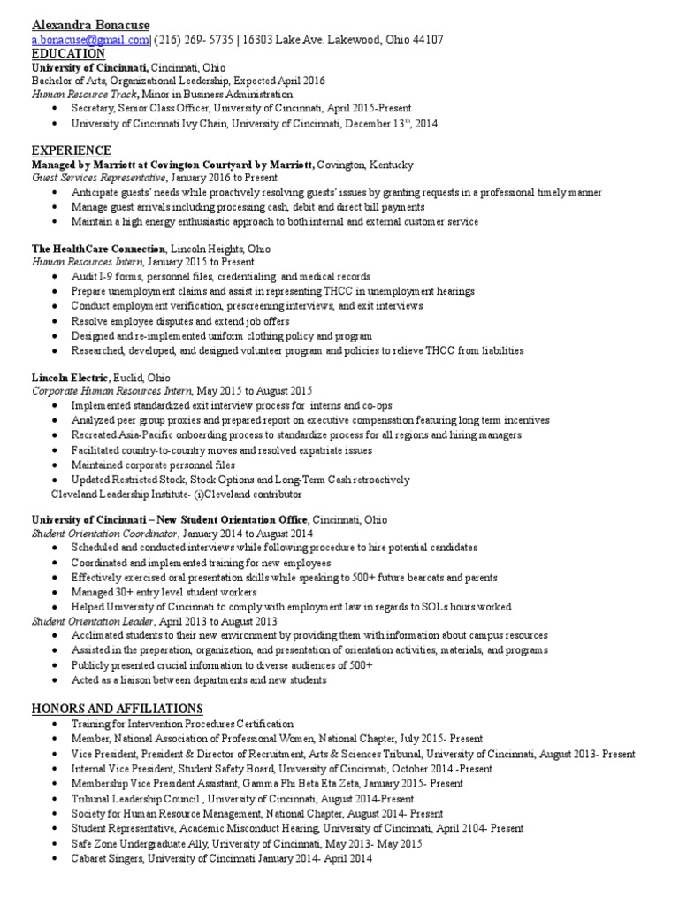 Alexandra Bonacuse Resume | PDF | Employment | Human Resource Management