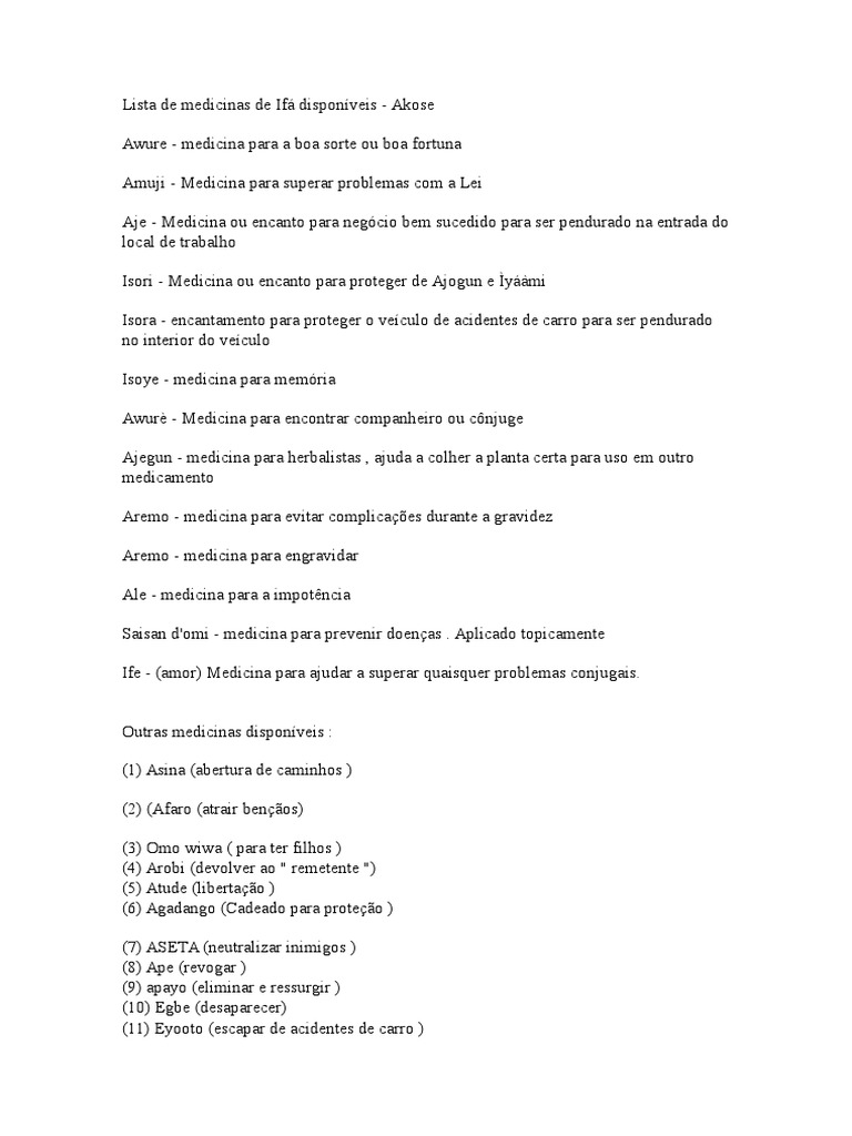 Lista de Medicinas de Ifá Disponíveis | PDF | Artes Linguísticas e ...