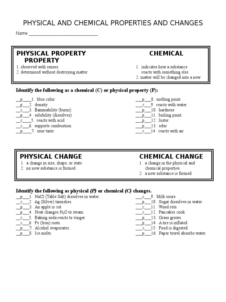 Physical and Chemical Changes Worksheet | PDF | Chemical Substances | Ice
