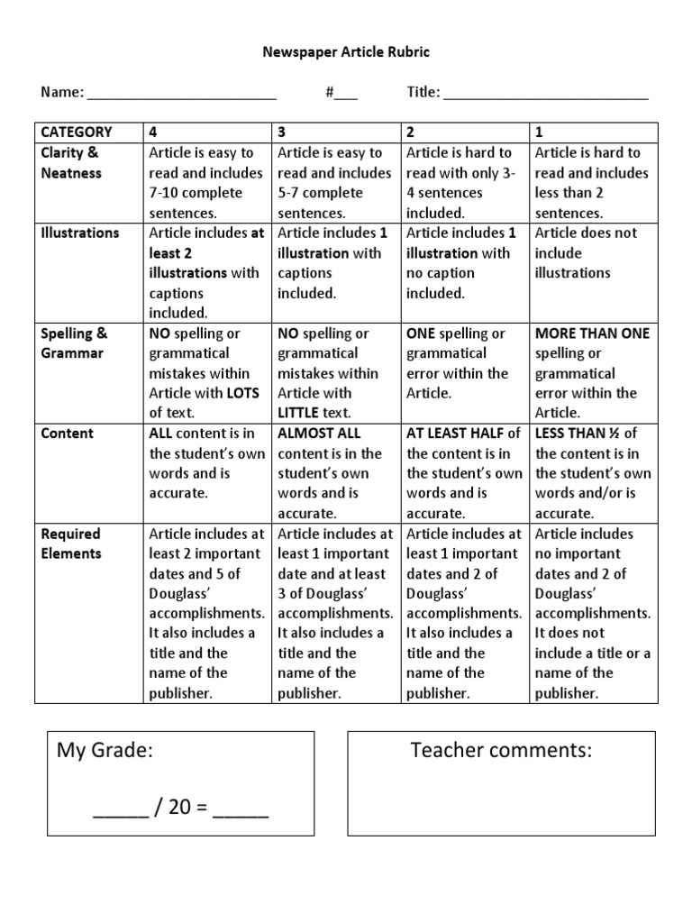 Newspaper Article Evaluation Rubric | PDF
