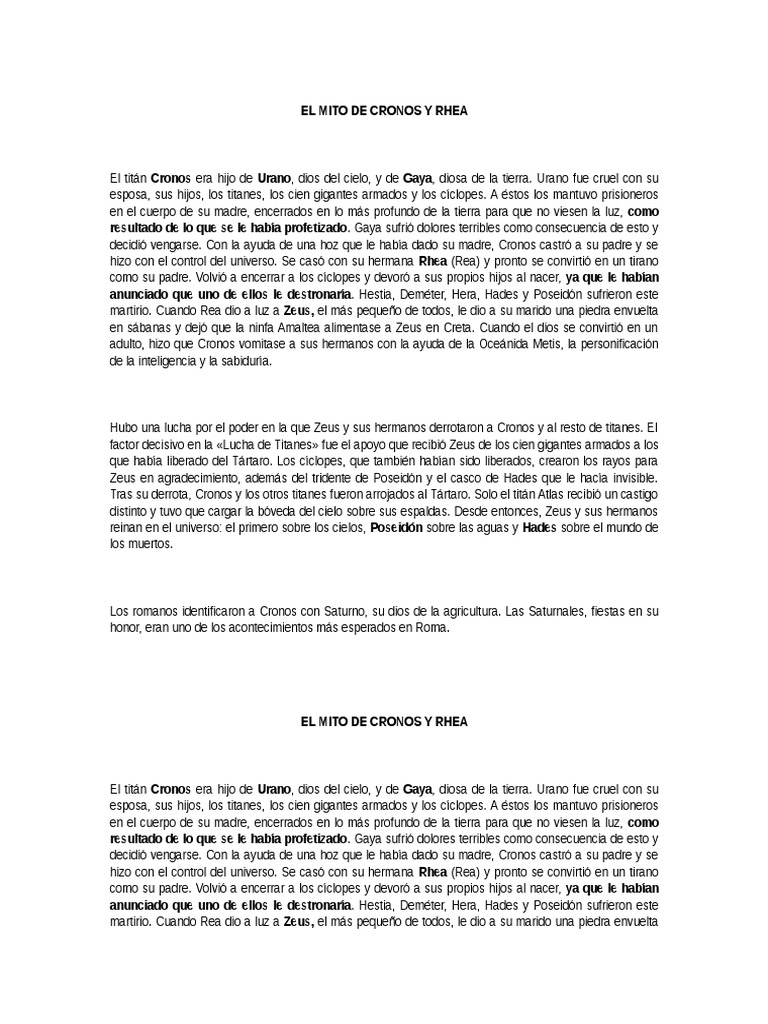 El Mito de Cronos y Rhea | PDF | Zeus | Mitología