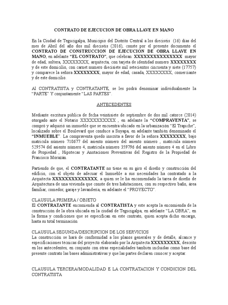Contrato de Ejecucion de Obra Llave en Mano | PDF | Presupuesto | Pagos