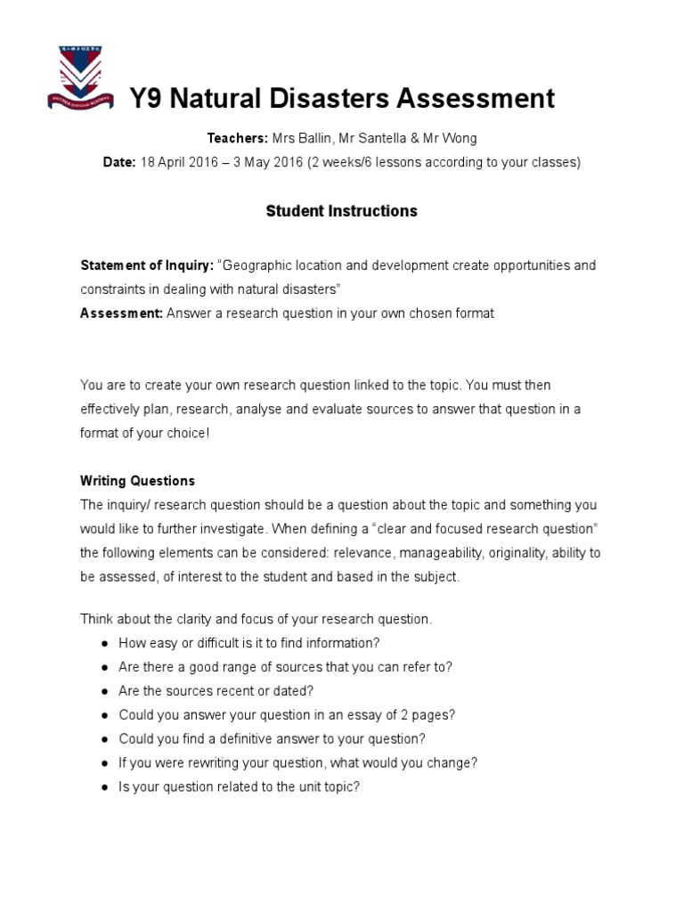 Year 9 Natural Disasters Assessment | PDF | Question | Inquiry